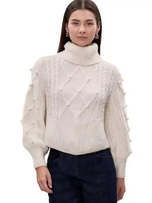 Rebecca Taylor Petra Turtleneck Bobble Cable-stitch Sweater - Ivory
