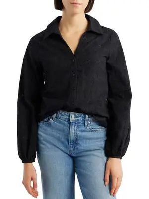 Bobeau Embroidered Eyelet Cotton Button-up Shirt - Black