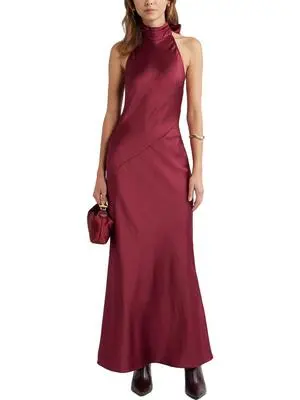 OPEN EDIT Sleeveless Satin Halter Maxi Dress Burgundy Beet
