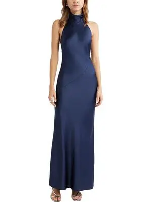 OPEN EDIT Sleeveless Satin Halter Maxi Dress Navy Iris