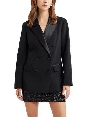 OPEN EDIT Double Breasted Blazer With Satin Trim - Black