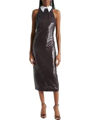 L'Agence Sequin Sleeveless Midi Dress With Poplin Collar - Black/white Contrast