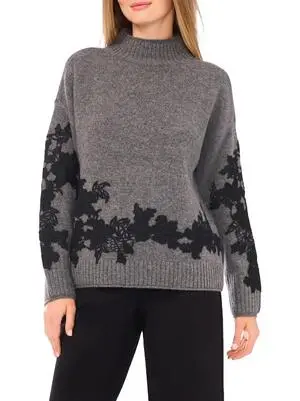 Vince Camuto Floral Appliqué Mock Neck Sweater - Salt And Pepper