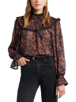 Treasure & Bond Floral Metallic Smocked Yoke Top - Black- Purple Rose Tapestry
