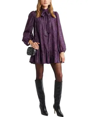Treasure & Bond Metallic Floral Jacquard Long Sleeve Shift Minidress - Purple Bramble