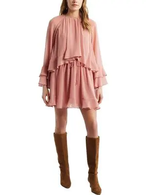 Treasure & Bond Tiered Long Sleeve Chiffon Minidress - Pink Desert