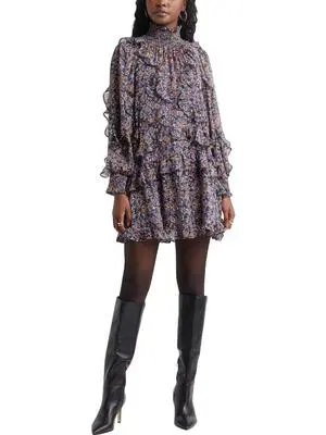 Treasure & Bond Metallic Mock Neck Long Sleeve Chiffon Minidress - Navy Butterfly Abstract