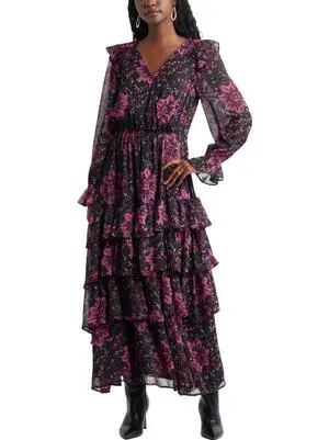 Treasure & Bond Tiered Ruffle Faux Wrap Maxi Dress - Black-pink Painterly Medallion