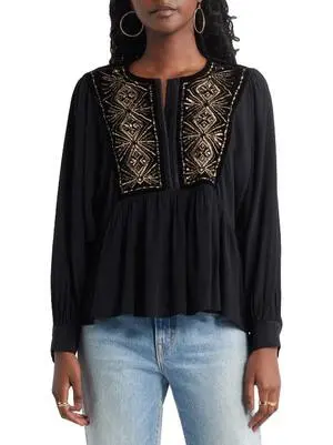 Treasure & Bond Metallic Embroidered Split Neck Top - Black