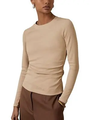 REISS Tessa Ribbed Long Sleeve Tee - Camel