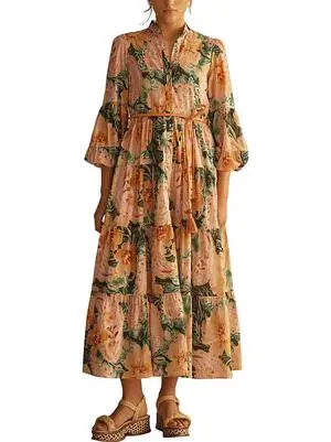 AUR OCEA Ibisco Button-through Maxi Dress - Green/pink/and Apricot