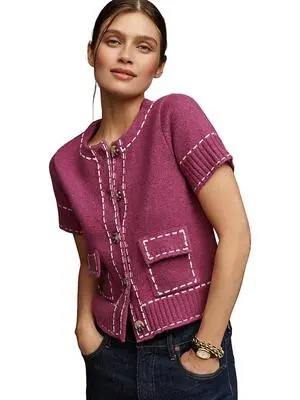Design History Short-sleeve Stitched Cardigan Sweater - Twilight Magenta / White