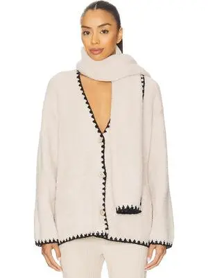 Barefoot Dreams Cozychic Blanket Stitch Cardigan With Detachable Scarf - Stone