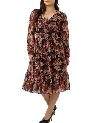 ESTELLE Natalia Floral Long Sleeve Midi Dress - Chocolate/blush