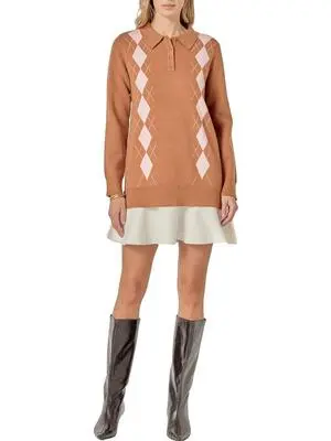 English Factory Argyle Knit Mini Dress - Tan/pink