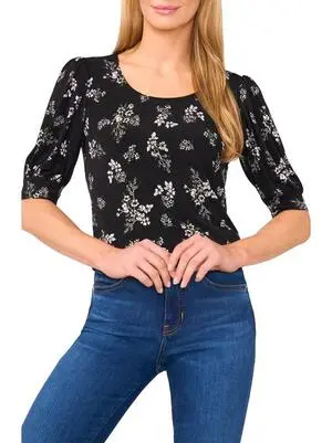 CECE DUPRAZ Floral Print Puff Shoulder Top - Rich Black