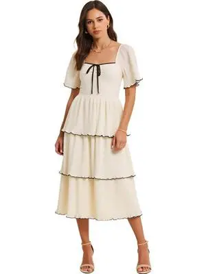 MODENAIRE Tiered Pleated Midi Dress With Flutter Sleeves And Trim - Ivory