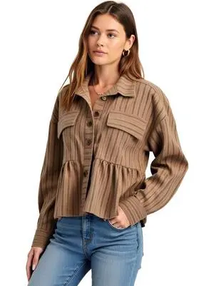 MODENAIRE Button-front Shirt Jacket With Peplum Hem - Striped