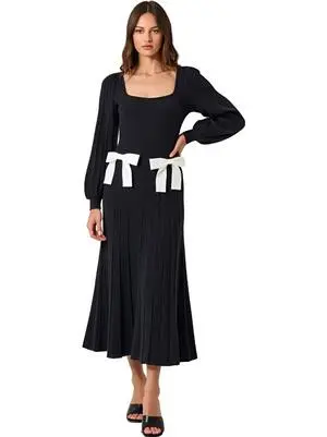 MODENAIRE Front Bow Detail Square Neck Puff Sleeve Maxi Sweater Dress - Black