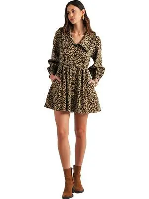 MODENAIRE Long-sleeve Mini Dress With Oversized Collar - Leopard Print