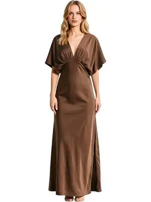 MODENAIRE V-Neck Maxi Dress With Flutter Sleeves Brown