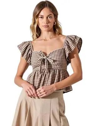 MODENAIRE Peplum Top With Flutter Sleeves And Front Tie - Gingham