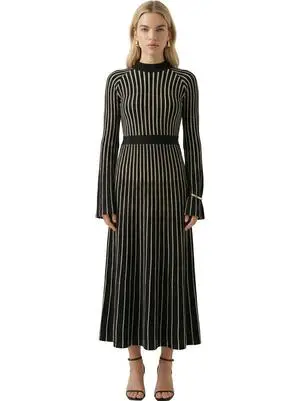 MODENAIRE Striped Rib-knit Maxi Dress With Mock Neck - Black/white Stripe