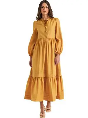 MODENAIRE Midi Shirred Neckline Tie Front Long Sleeve Tiered Hem Dress - Mustard Yellow