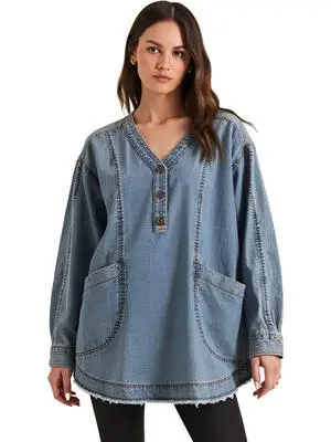 MODENAIRE Woven Denim V-neck Blouse - Light Wash Blue