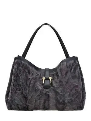 FERRAGAMO Large Fur-embellished Top-handle Tote Bag - Grey