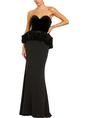 Mac Duggal Strapless Velvet Peplum Gown - Black
