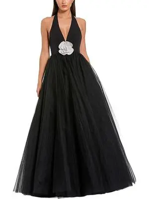 MAC DUGGAL Jersey Halter Ballgown With Tulle Skirt And Flower