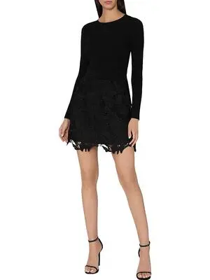 MILLY Lace Combo Knit Mini Dress - Black