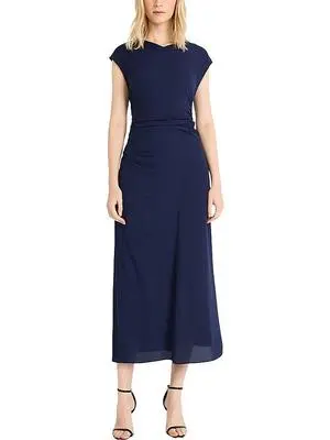 LUXELY Short Sleeve Ruched Bias Cut Midi Dress - Evening Blue