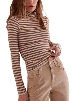 Free People Striped Turtleneck Tee - Otter/tea