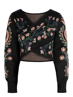 Farm Rio Marvelous Garden Floral-jacquard Knit Crop Top - Black