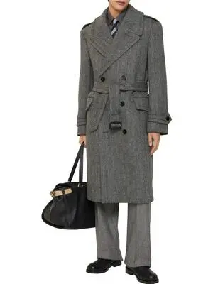 Burberry Long Herringbone Wool Trench Coat - Coal Grey/light Thistle Grey