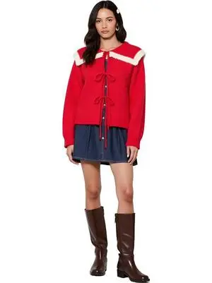 MODENAIRE Ruffle Collar Knit Sweater With Tie-front Closures And Contrast Trim - Red