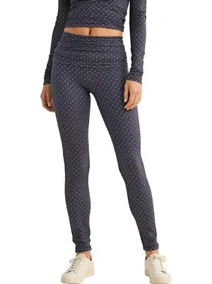 MODENAIRE Polka Dot Print High Waist Full-length Leggings With Wide Waistband - Navy/white Polka Dot