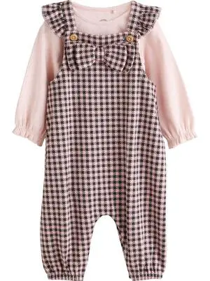 NEXT Pointelle Bodysuit And Bow Accent Check Overalls Set - Pink
