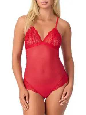 ON GOSSAMER Luxe Lace & Mesh Bodysuit - Crimson Berry