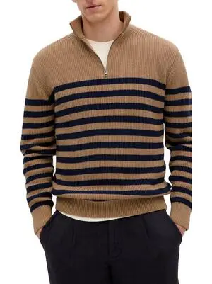 SCALPERS Striped Rib-knit Sweater With Zip - Beige Navy