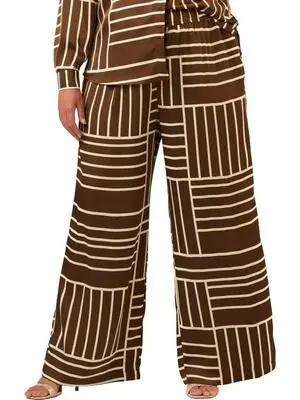 ESTELLE Josie Geo Stripe Satin Wide-leg Pants - Cedar/cream