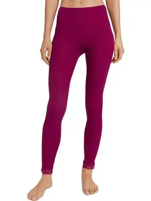 Hanro Lace Trim Merino Wool & Silk Rib Leggings - Pink Tourmaline