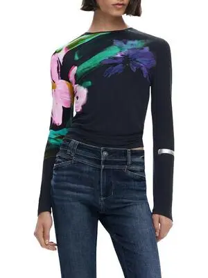 Desigual Abstract Floral Print Long-sleeve T-shirt - Black