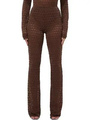 Naked Wardrobe Flocked Velvet Mesh Bootcut Pants - Chocolate