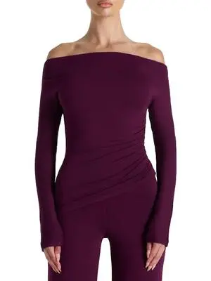 Naked Wardrobe Off-the-shoulder Ruched Long Sleeve Top - Dark Plum