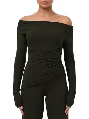 Naked Wardrobe Off-the-shoulder Ruched Long Sleeve Top - Olive