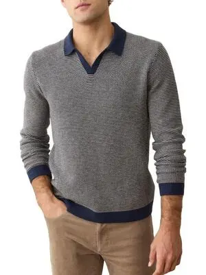 Marine Layer Liam Johnny Collar Long Sleeve Sweater Polo - Navy/driftwood
