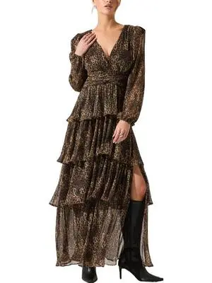 Astr The Label Anora Metallic Long Sleeve Dress - Leopard Print